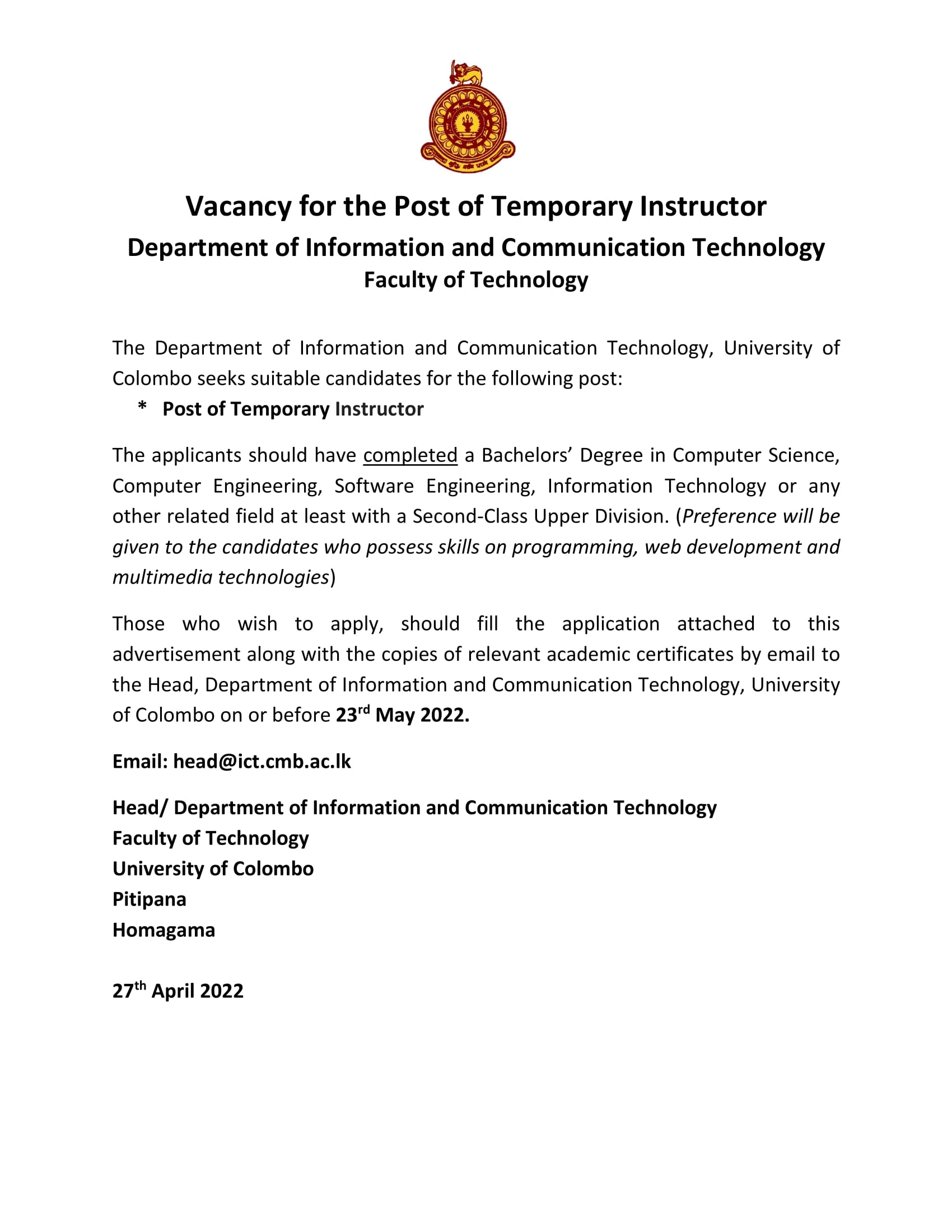Vacancy for the Post of Temporary Instructor (Department of Information ...