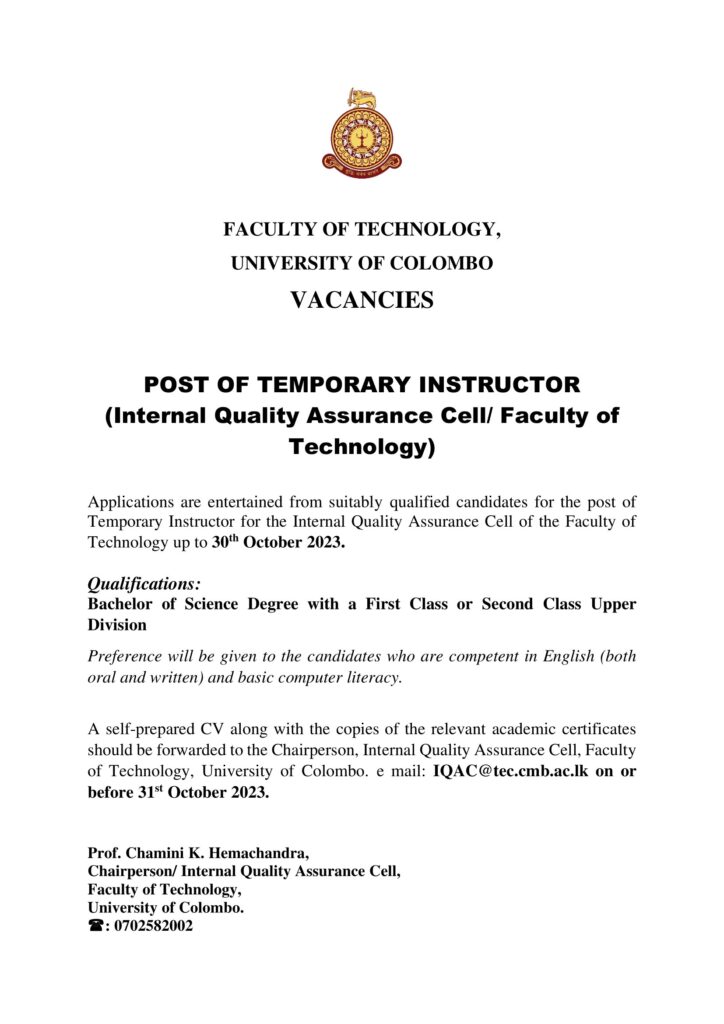 POST OF TEMPORARY INSTRUCTOR (Internal Quality Assurance Cell/ Faculty ...