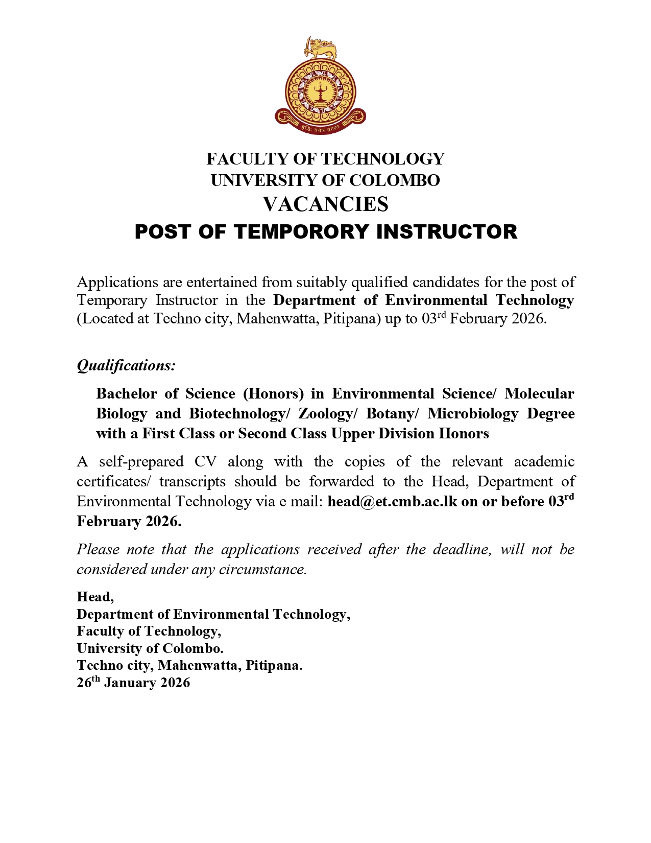 VACANCIES – POST OF TEMPORARY INSTRUCTOR (ET) | Faculty of Technology ...