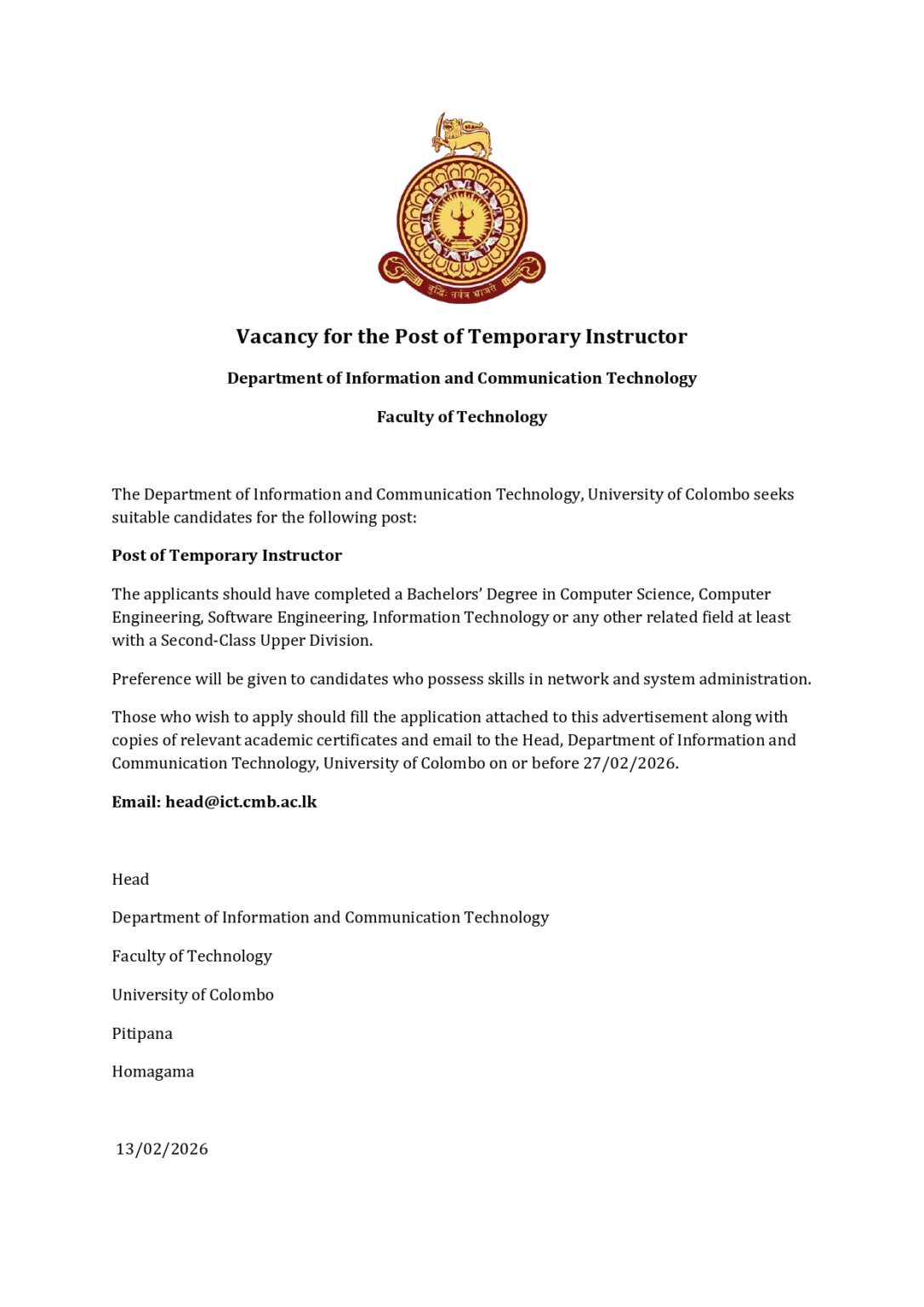 Vacancy for the Post of Temporary Instructor – Department of ICT ...